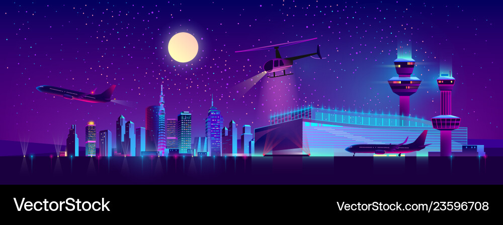 Night airport with plane and helicopter Royalty Free Vector