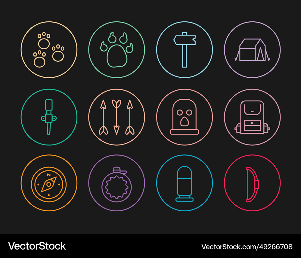 Set line bow hiking backpack road traffic sign Vector Image