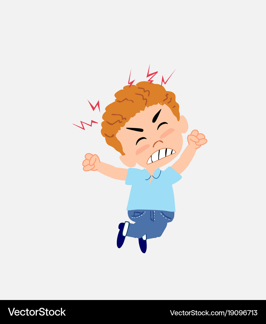 Blond boy in jeans jumps angry Royalty Free Vector Image