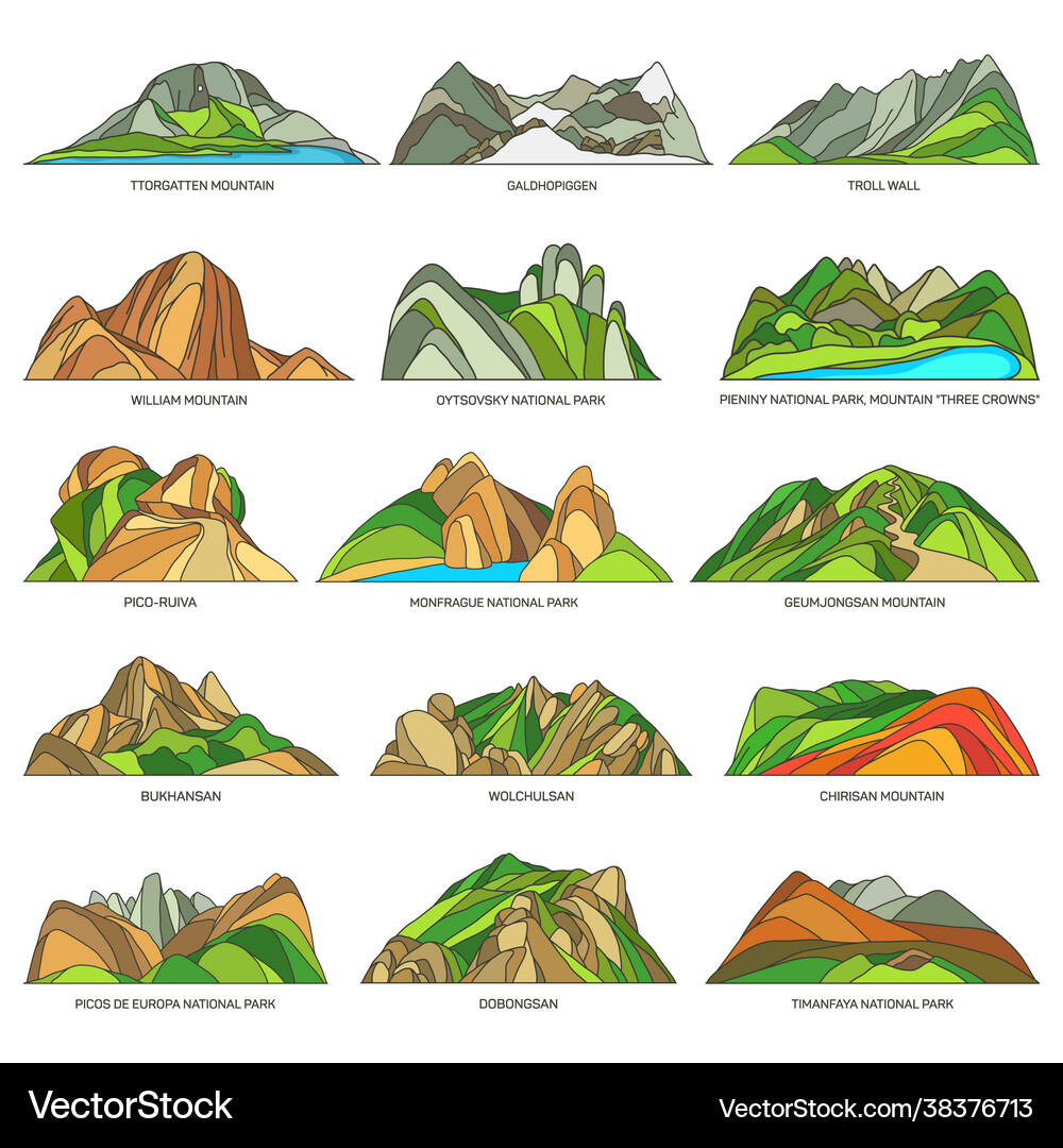 Linear icons world natural landscapes Royalty Free Vector