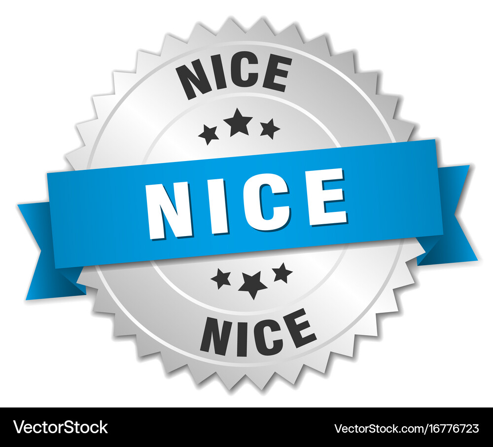 Nice round silver badge with blue ribbon Vector Image