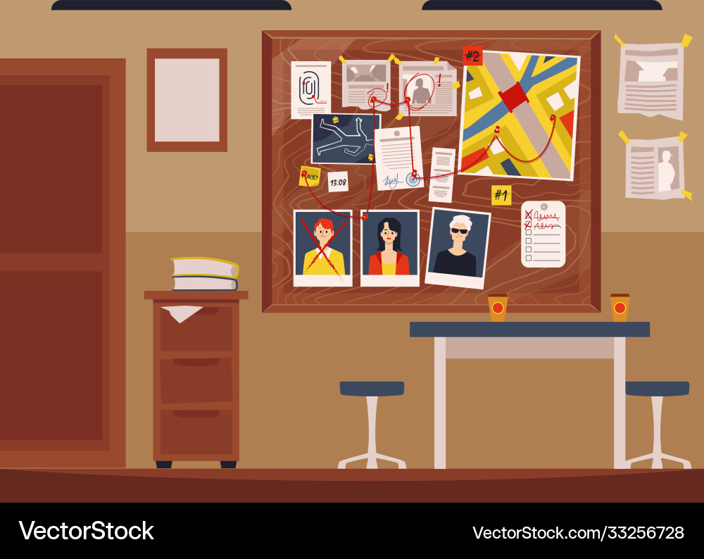 Detective office interior with full crime board Vector Image
