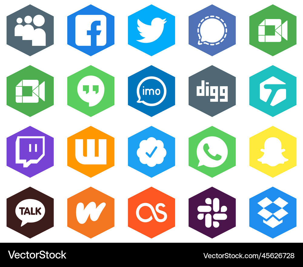 Hexagon flat color white icon set digg video Vector Image