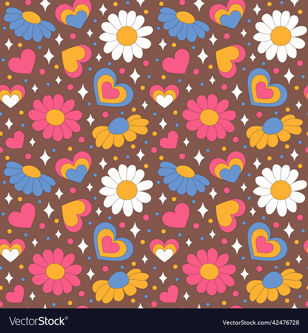Seamless pattern with retro daisies hearts Vector Image