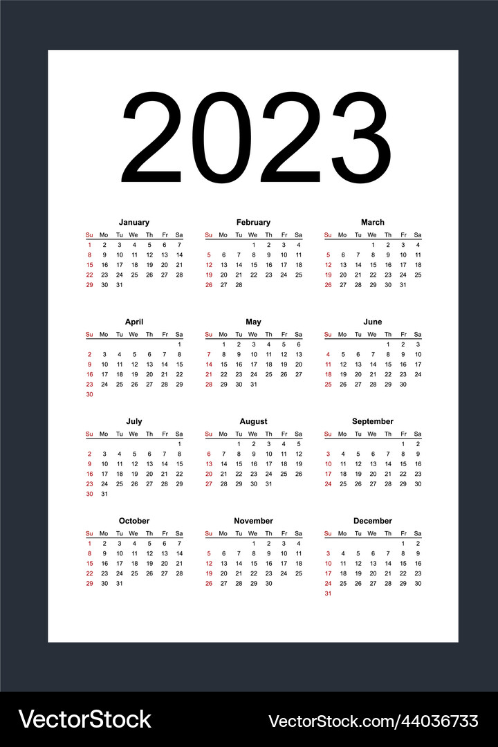 Simple editable calendar for year 2023 Royalty Free Vector