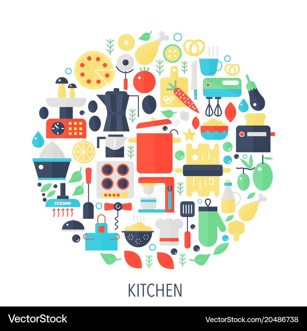 Kitchen flat infographics icons in circle - color Vector Image
