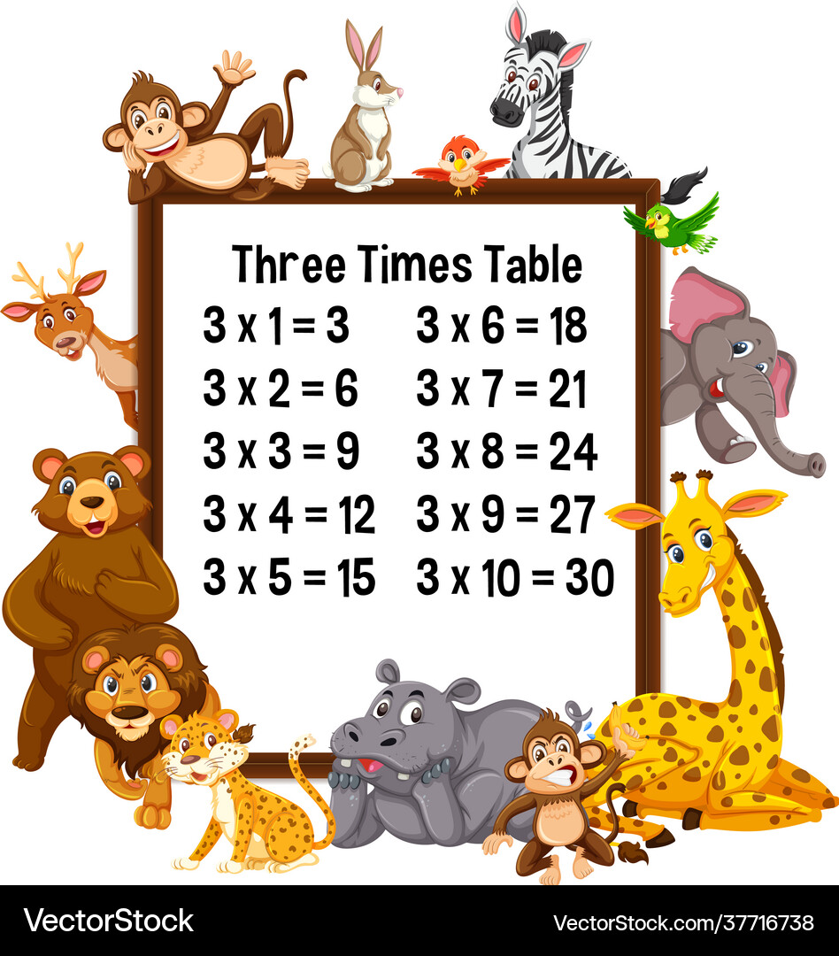 Three times table with wild animals Royalty Free Vector