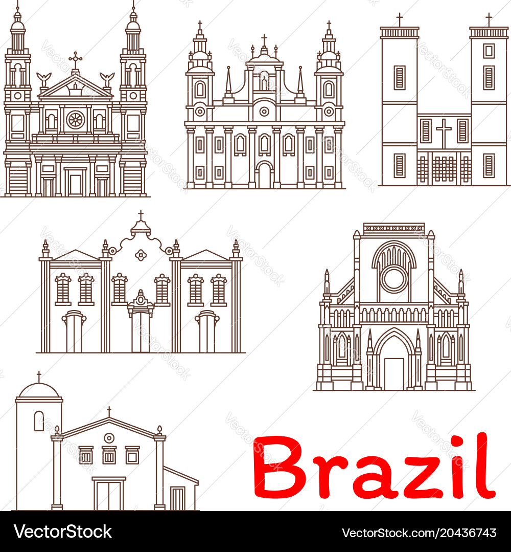 Brazil landmarks architecture line icons Vector Image