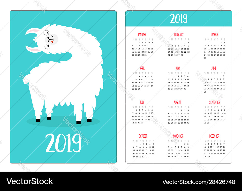 Alpaca llama turning head simple pocket calendar Vector Image