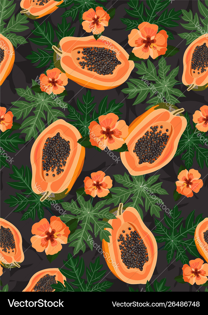 Papaya fruits seamless pattern on black Royalty Free Vector
