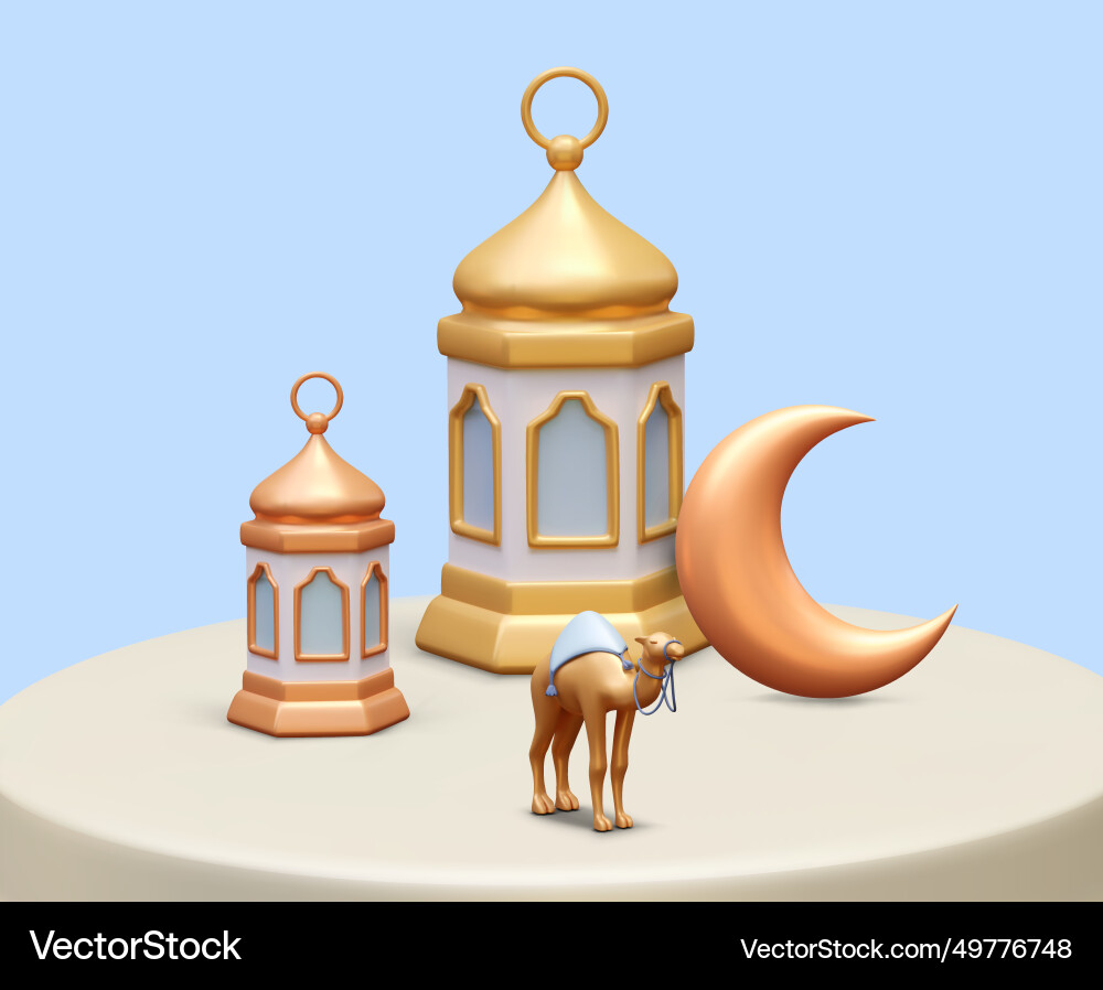 Realistic golden lantern and camel and moon Vector Image