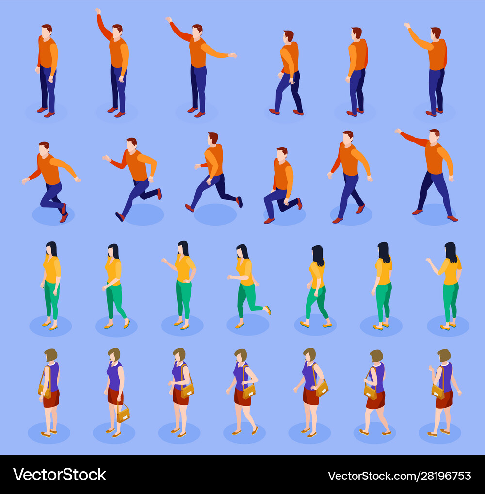 Set people on move isometric icons Royalty Free Vector Image