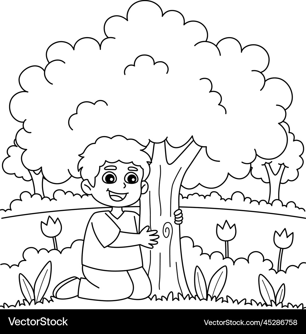 Boy hugging a tree coloring page for kids Vector Image