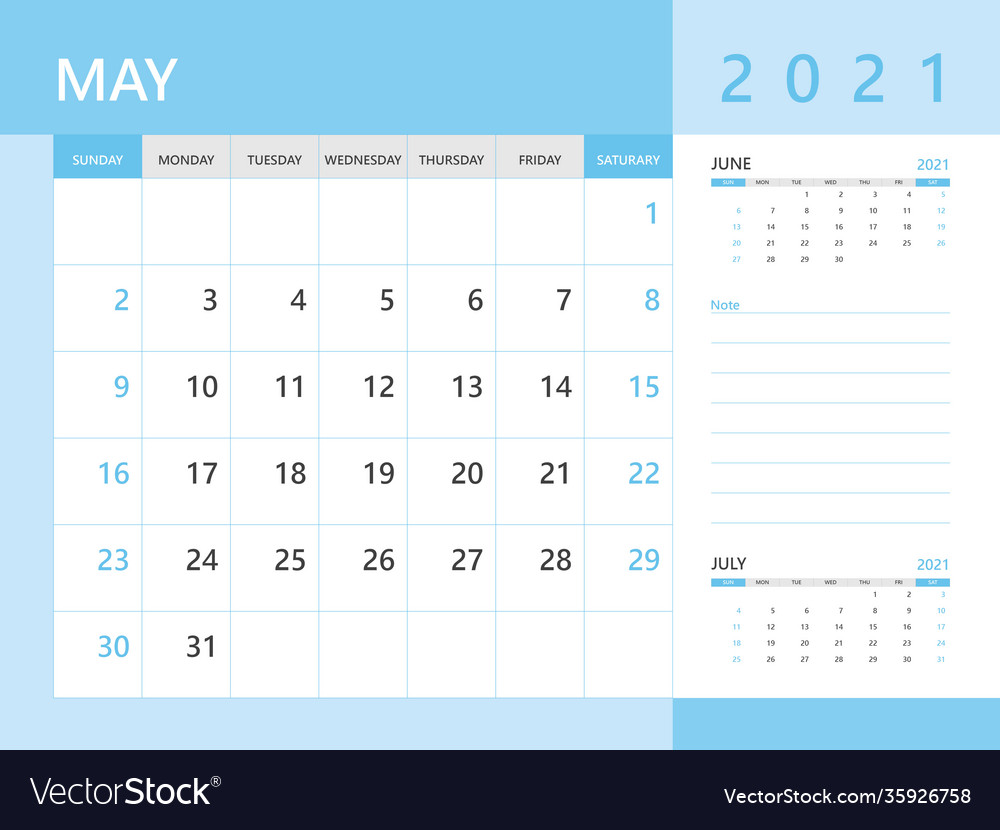 Calendar 2021 template may 2021 year Royalty Free Vector