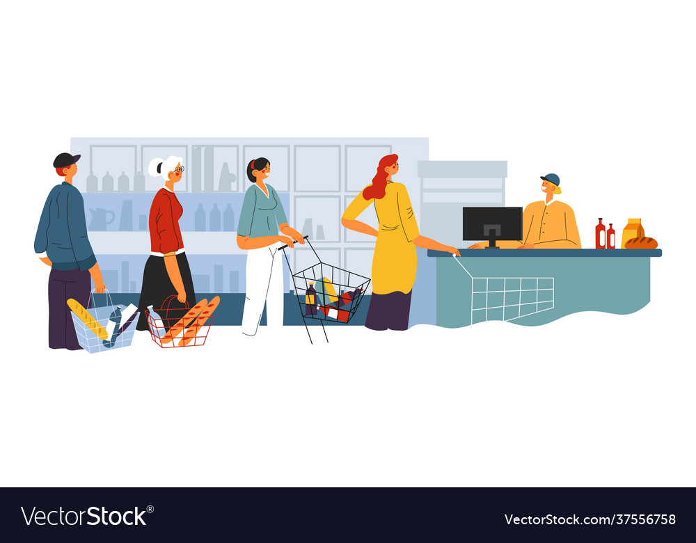 People standing in line in supermarket Royalty Free Vector