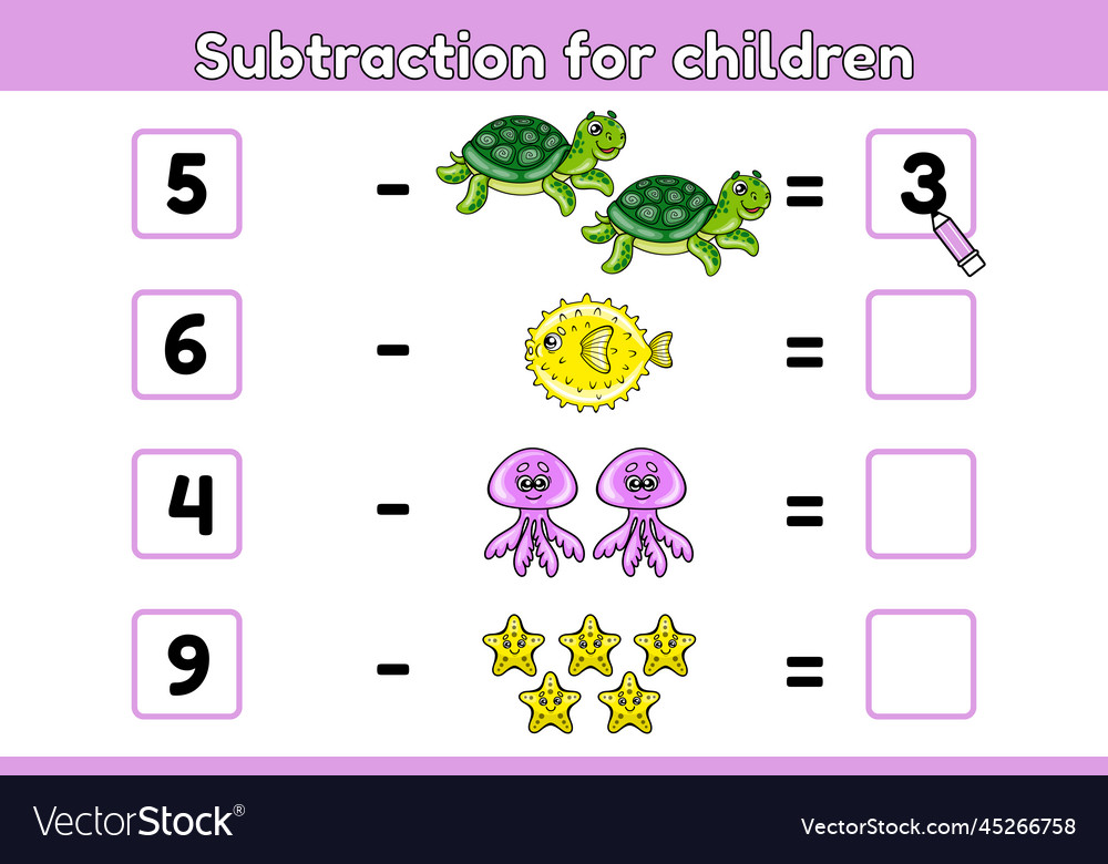 Subtraction for children math game sea animals-4 Vector Image