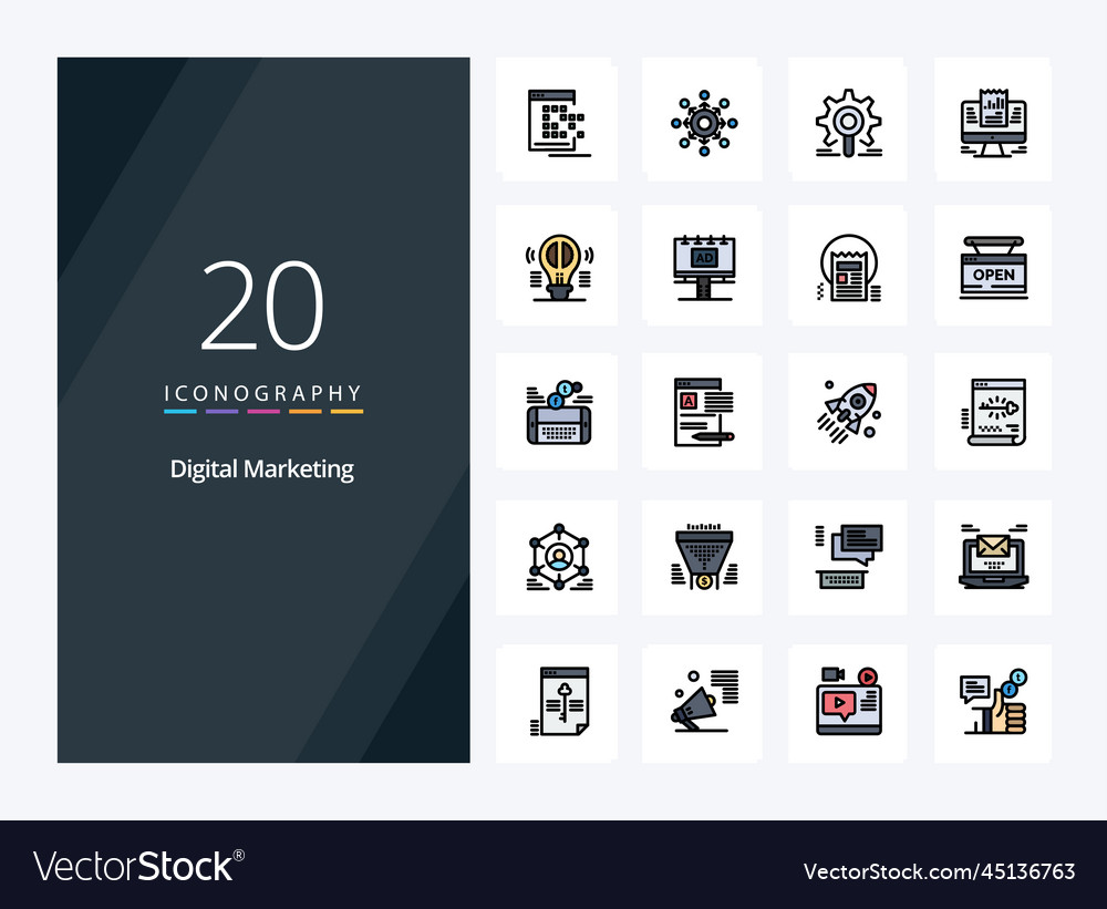 20 digital marketing line filled icon Royalty Free Vector
