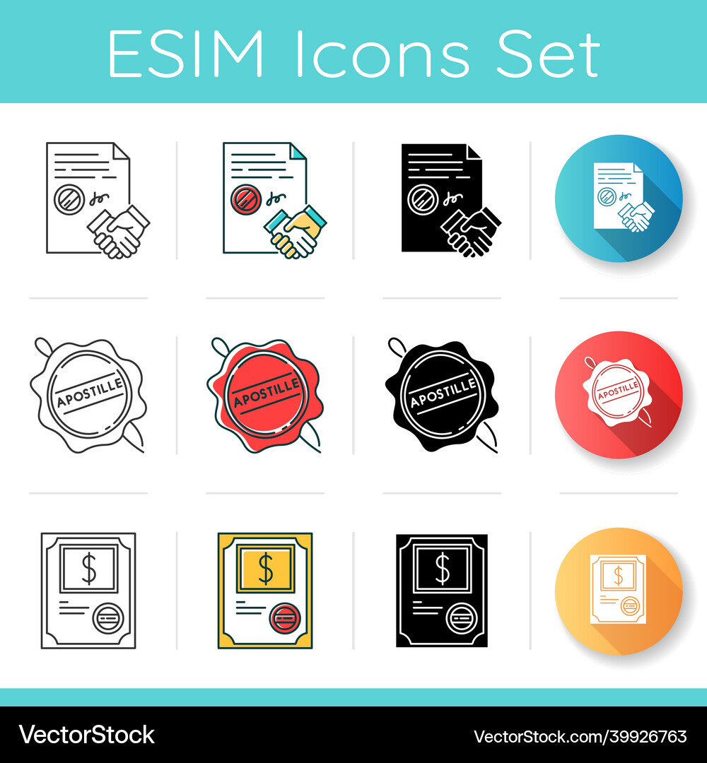 Notary services icons set apostille Royalty Free Vector