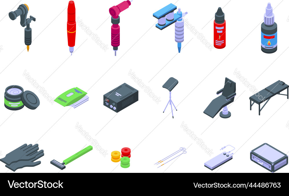 Tattoo equipment icons set isometric Royalty Free Vector