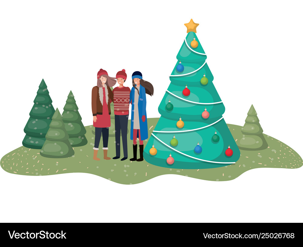 Group people with christmas tree in landscape Vector Image