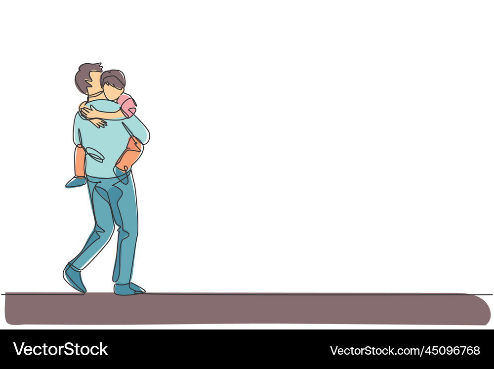 One continuous line drawing of young dad carrying Vector Image