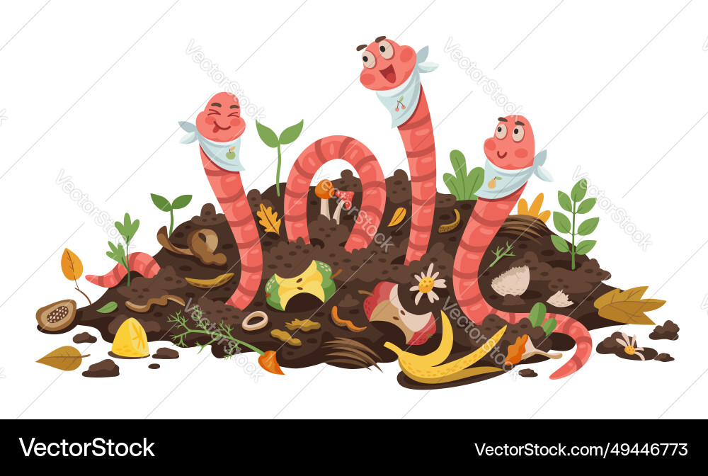 Cartoon funny earth worm characters eating compost