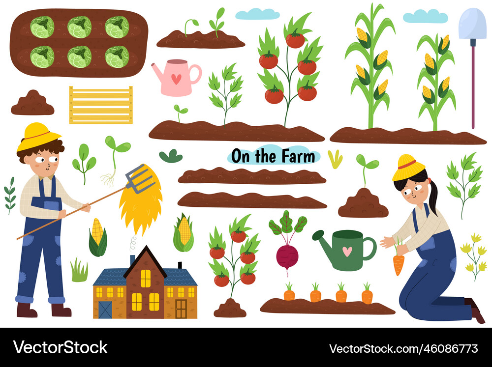 Cute farm collection with kids working Royalty Free Vector
