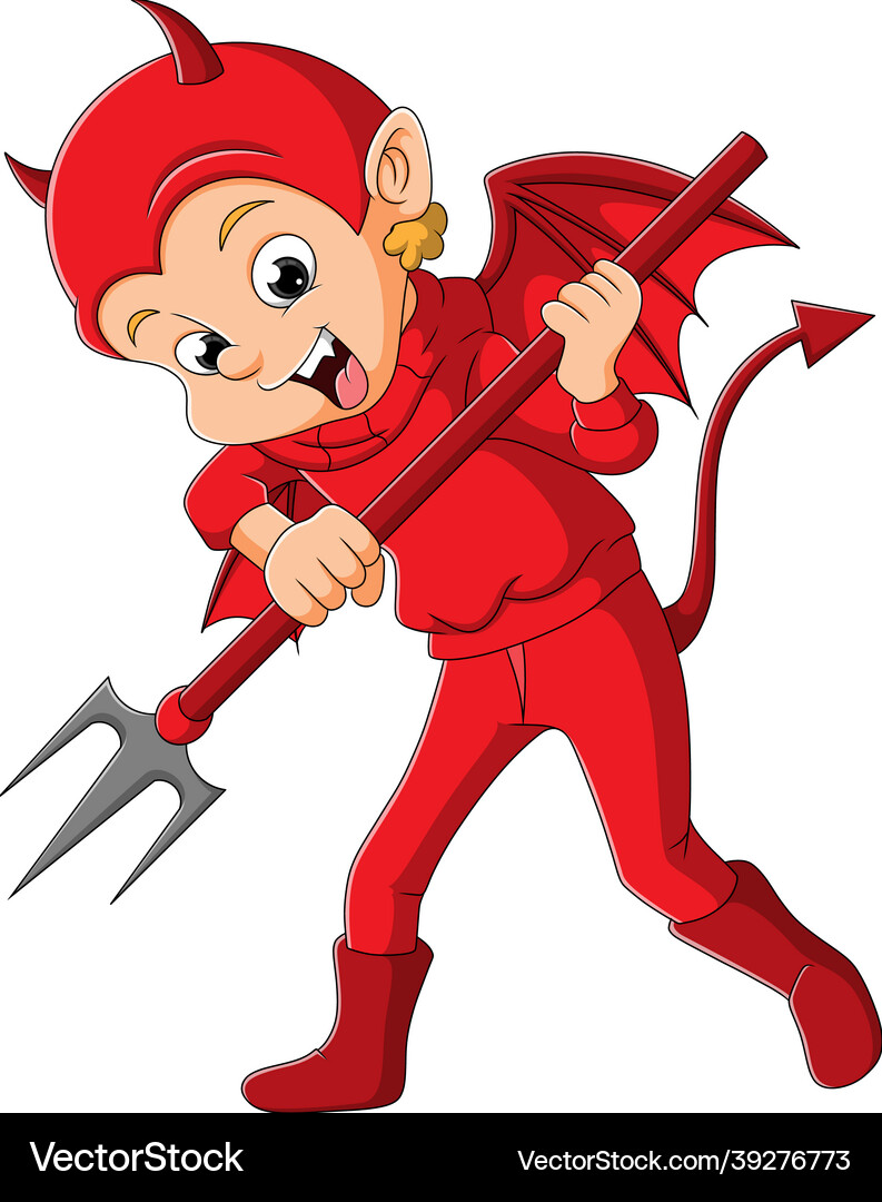 Young man with the devil costume is holding Vector Image