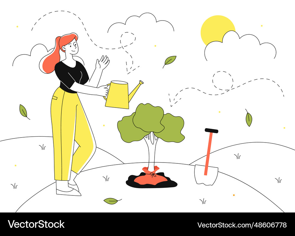 Woman planting tree line concept Royalty Free Vector Image