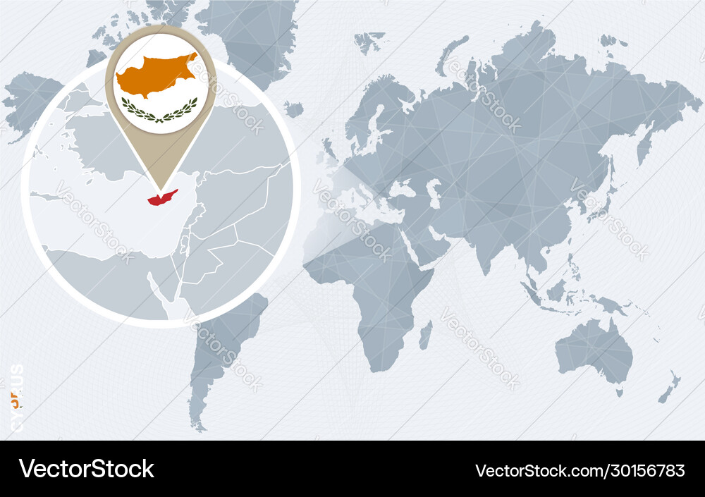Abstract blue world map with magnified cyprus Vector Image