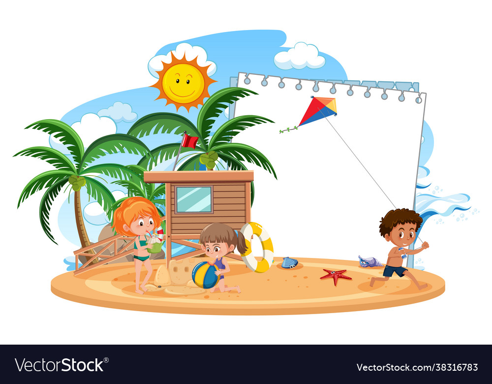 Blank banner template with many kids on summer Vector Image