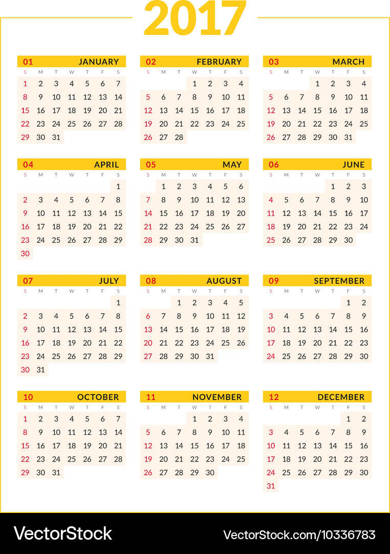 Calendar for 2017 year on white background design Vector Image