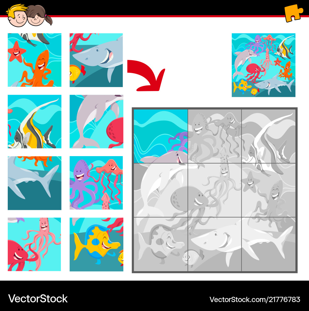 Jigsaw puzzles with sea animal characters Vector Image