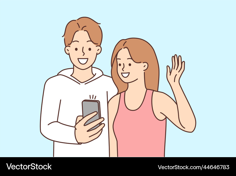 Smiling couple talking on video call on cell Vector Image