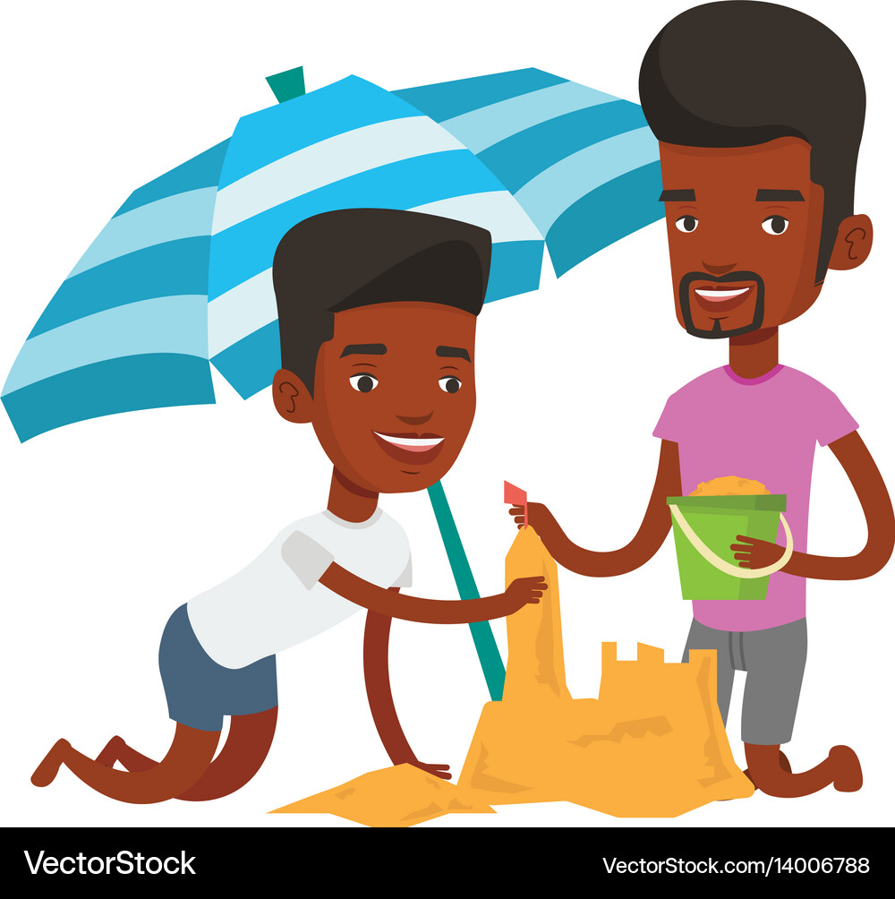 Friends building sandcastle on beach Royalty Free Vector