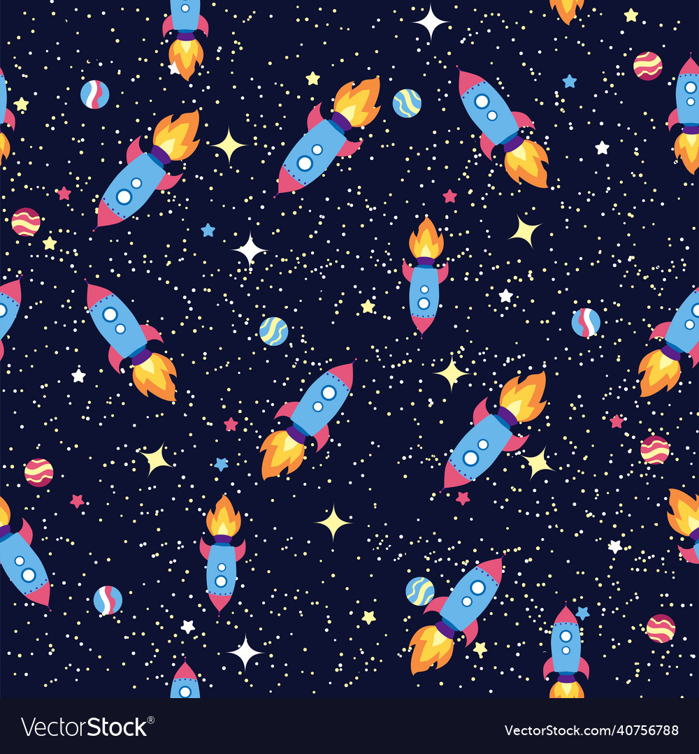 Seamless space pattern planets rockets and stars Vector Image