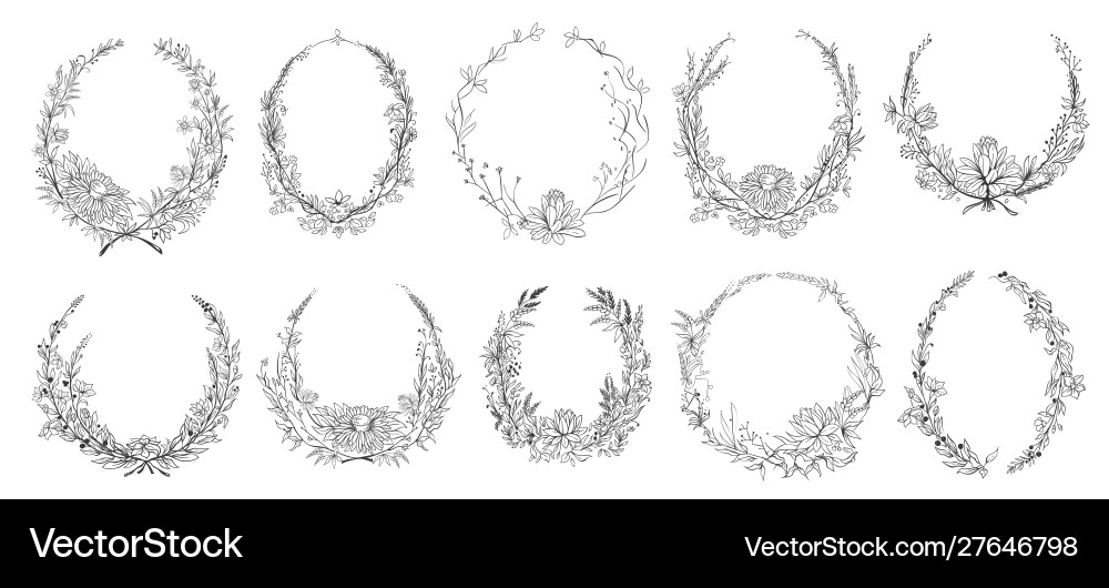 Hand drawn round floral frames sketch flower Vector Image