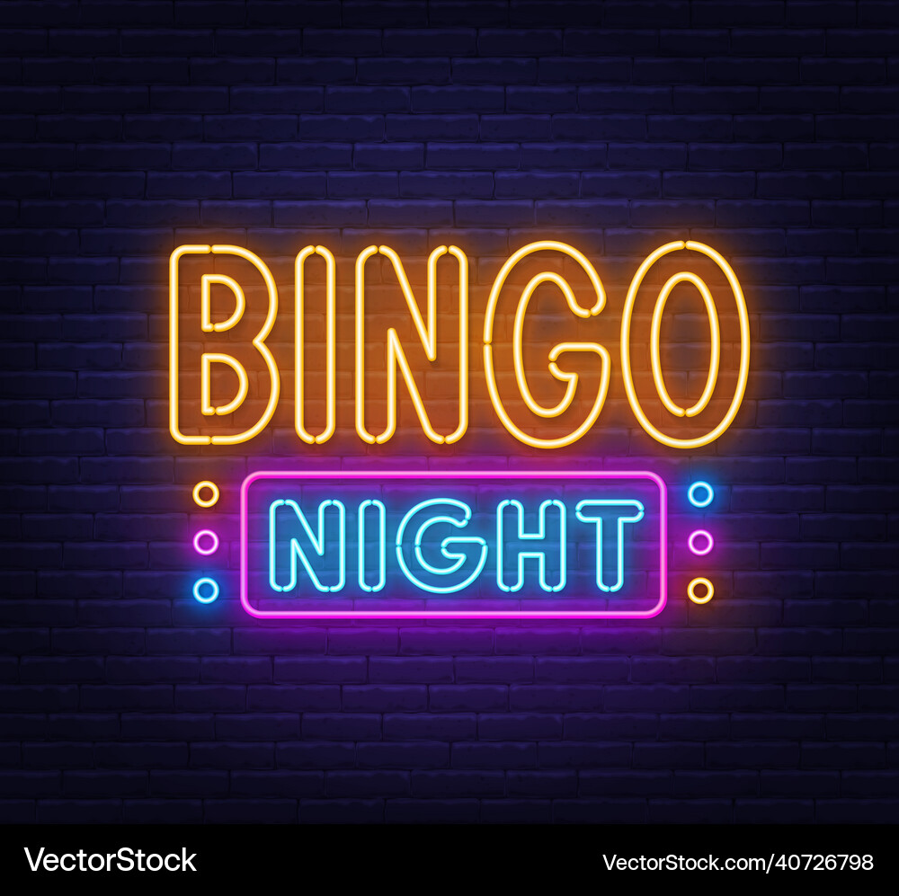 Neon Bingo Night Sign on Brick Wall Royalty Free Vector