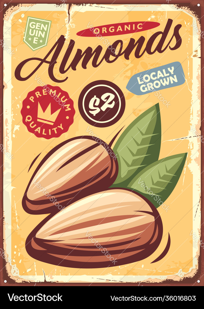 Almonds vintage metal sign Royalty Free Vector Image