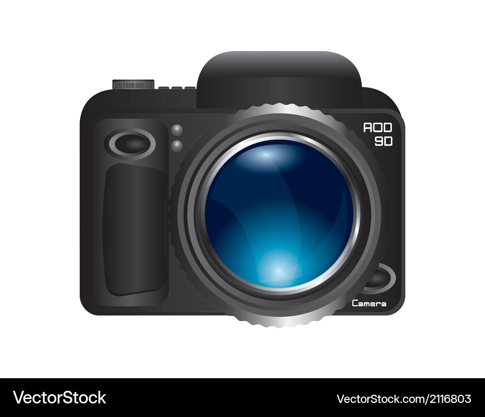 Camera with blue zoom lens isolated over white Vector Image