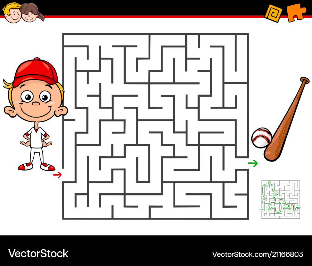Cartoon maze activity with boy and baseball Vector Image