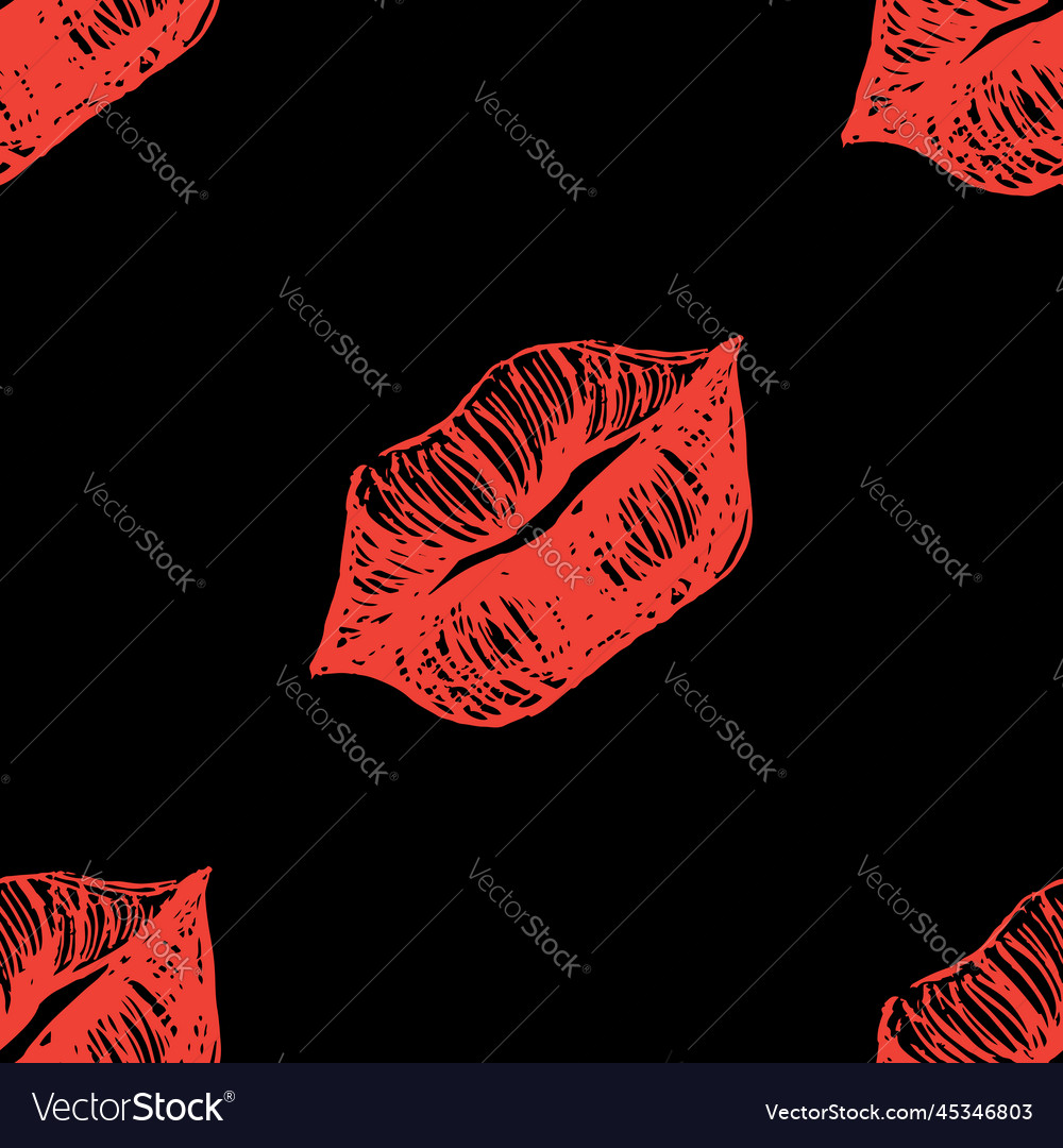 Red and black lips sketched seamless pattern Vector Image
