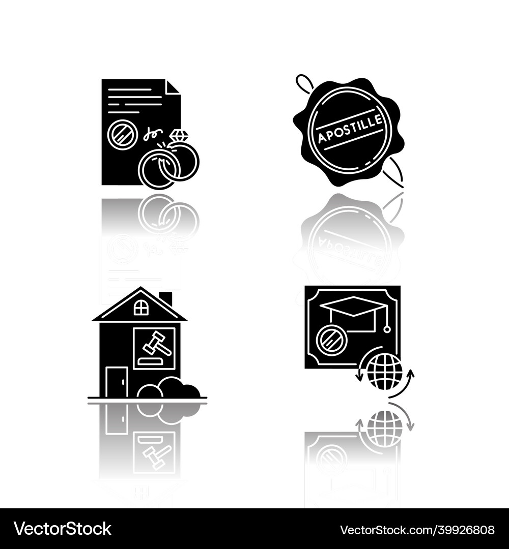 Notary services drop shadow black glyph icons set Vector Image