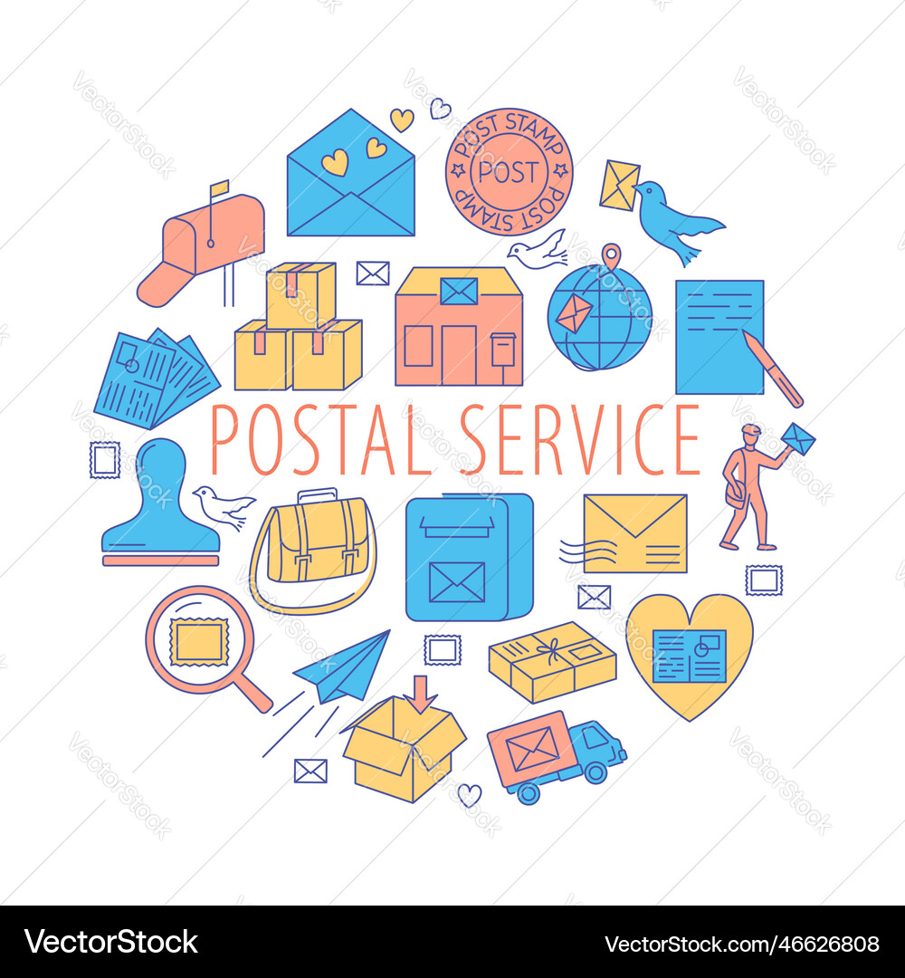 Postal service round poster in colored line style Vector Image
