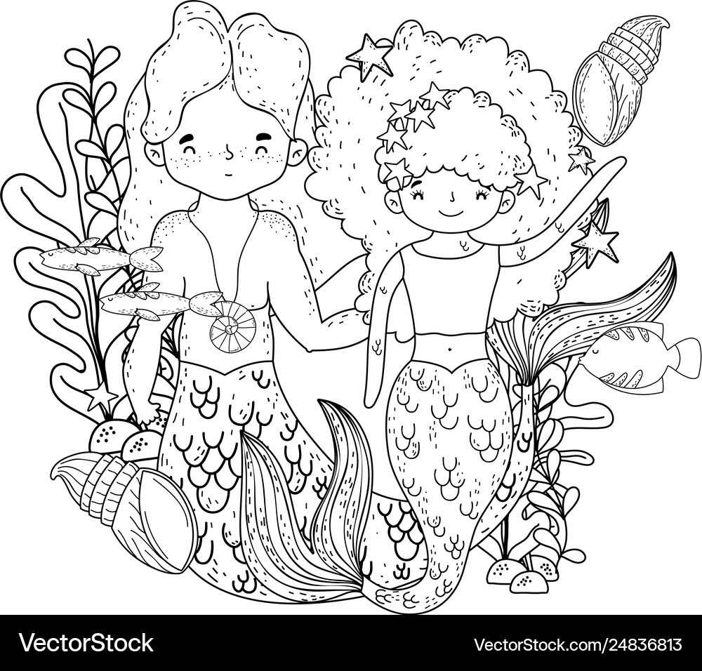 Couple mermaids undersea scene Royalty Free Vector Image