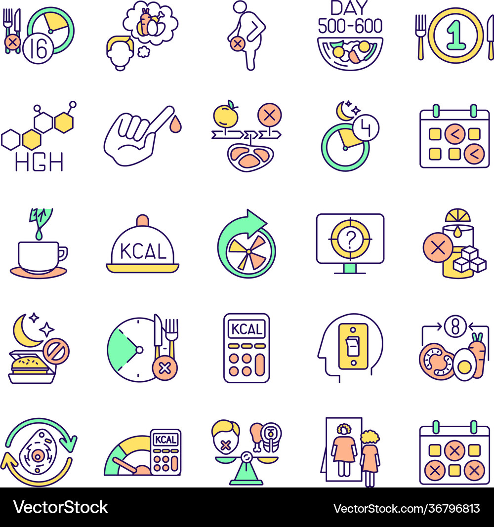 Intermittent fasting rgb color icons set Vector Image