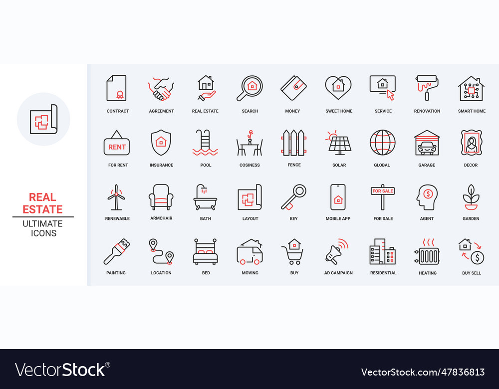 Real estate trendy red black thin line icons set Vector Image