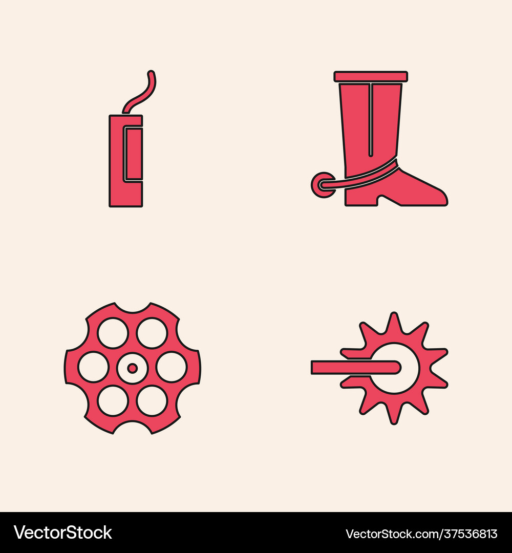 Set spur dynamite bomb cowboy boot and revolver Vector Image
