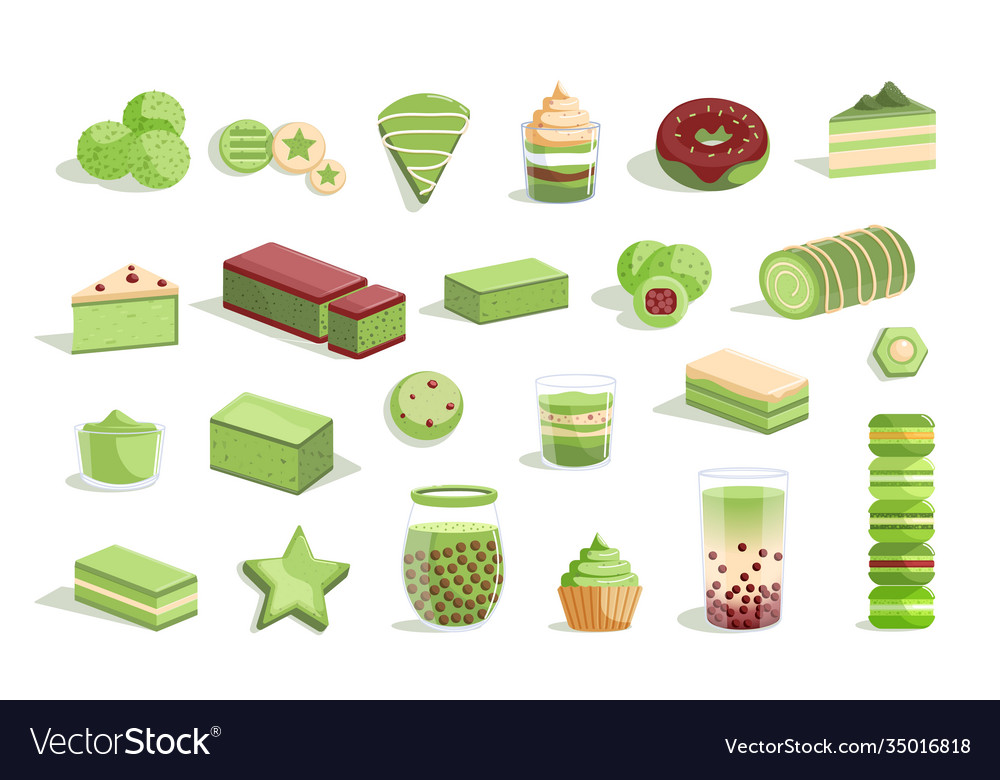 Matcha green tea and sweet dessert assortment set Vector Image