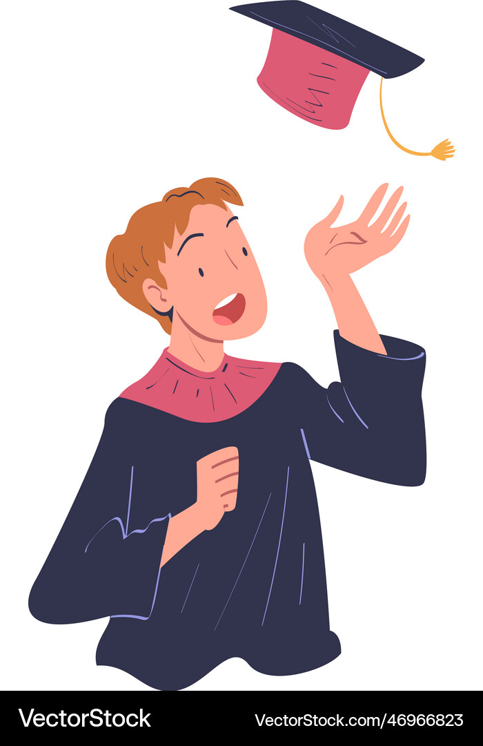 Joyful man graduate character throwing academic Vector Image